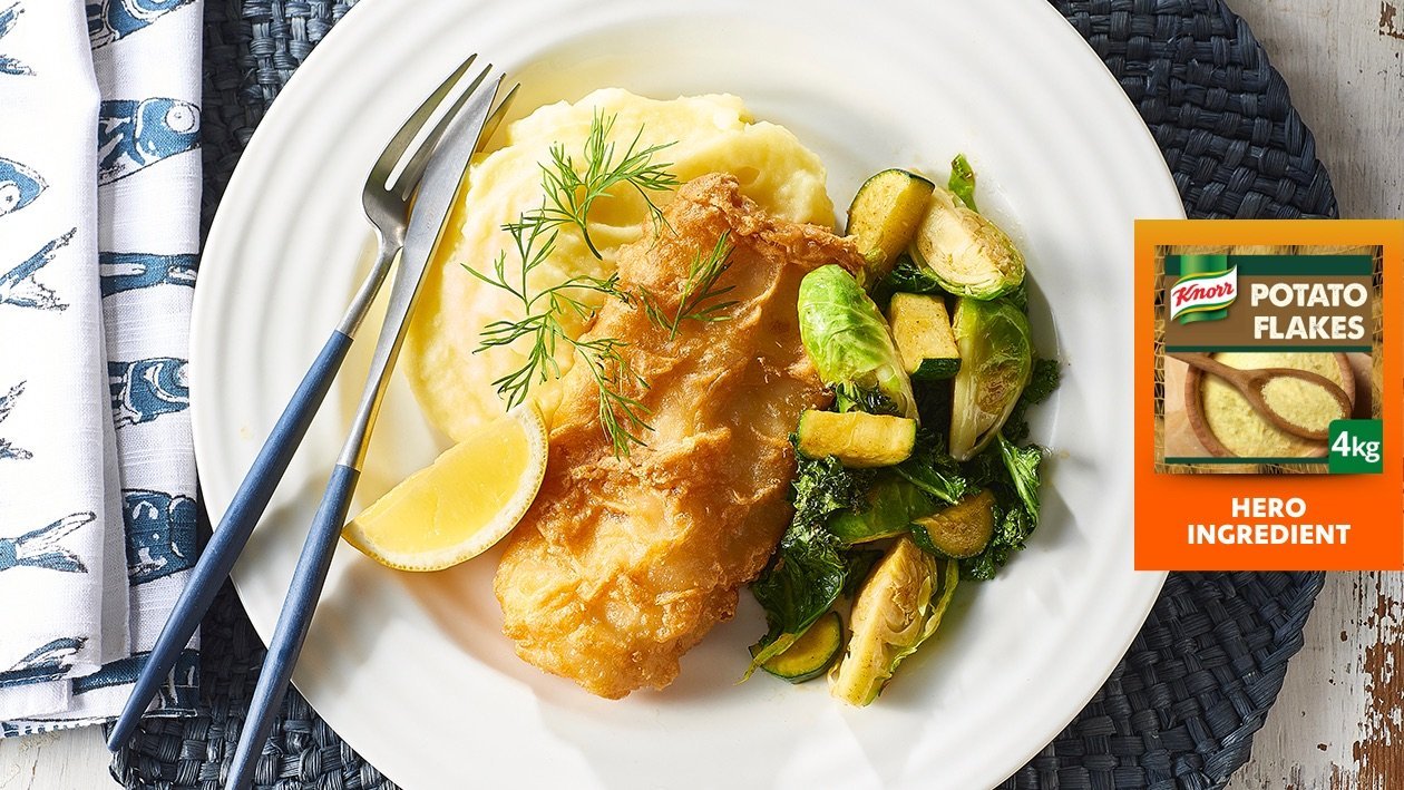Battered Hoki Fillet, Mash, Sautéed Vegetables Recipe