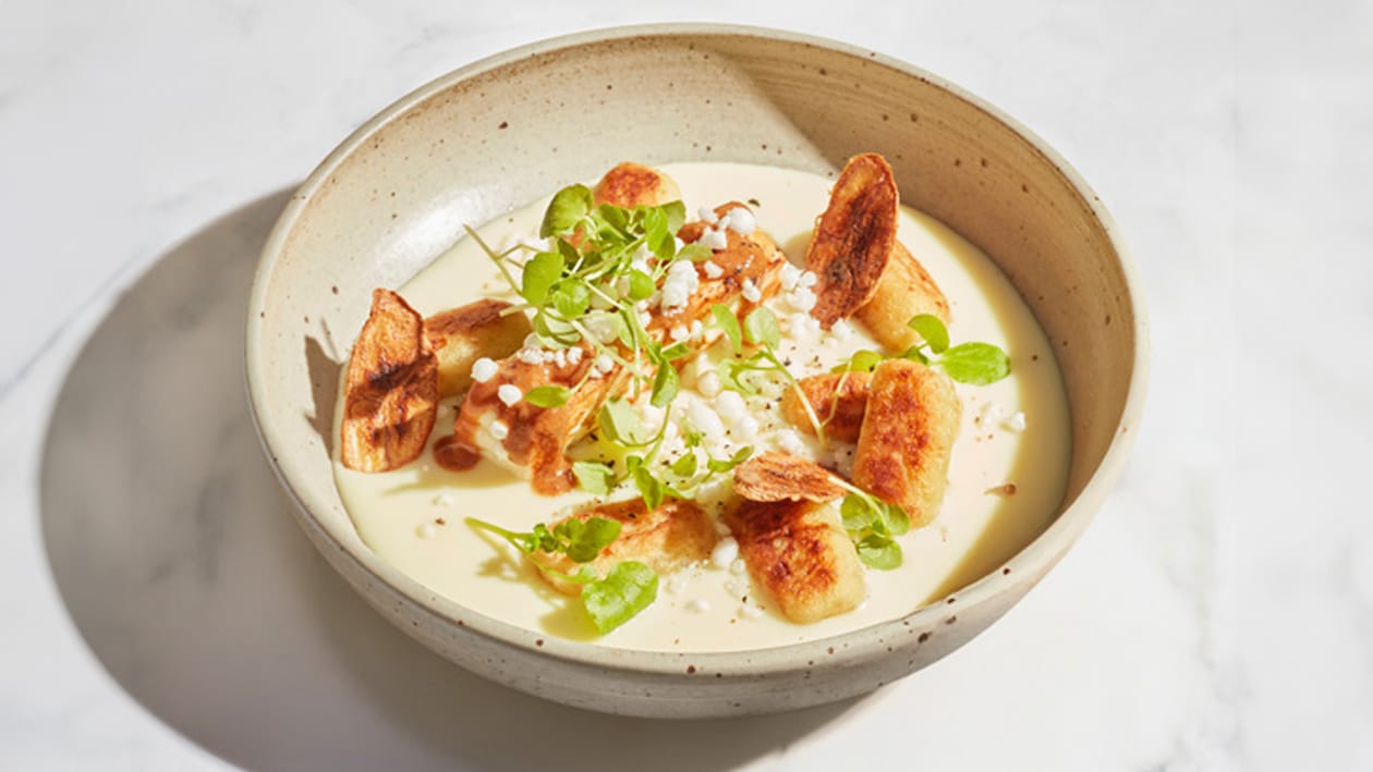 Tapioca Gnocchi, Tucupi Béchamel and Banana Skin Caramel Grilled Coalho ...